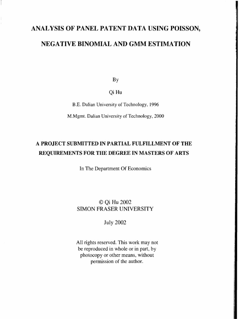 Panel Patent Data Using Poisson, - Ve Binomial and GMM | PDF | Fixed Effects Model | Poisson ...