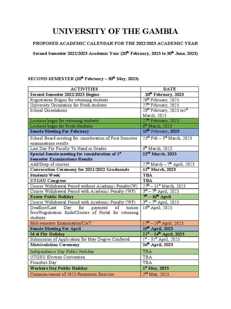 Second Semester 2022 - 2023 Academic Calendar - UTG-27 | PDF | Academic ...