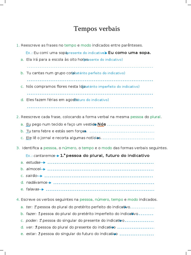Ficha Portugues 5 Ano Tempos Verbais Indicativo | PDF