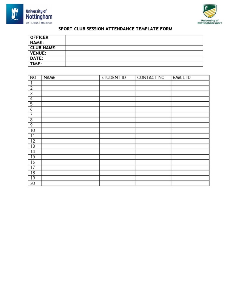 Sport Club Session Attendance Template Form | PDF | Games & Activities