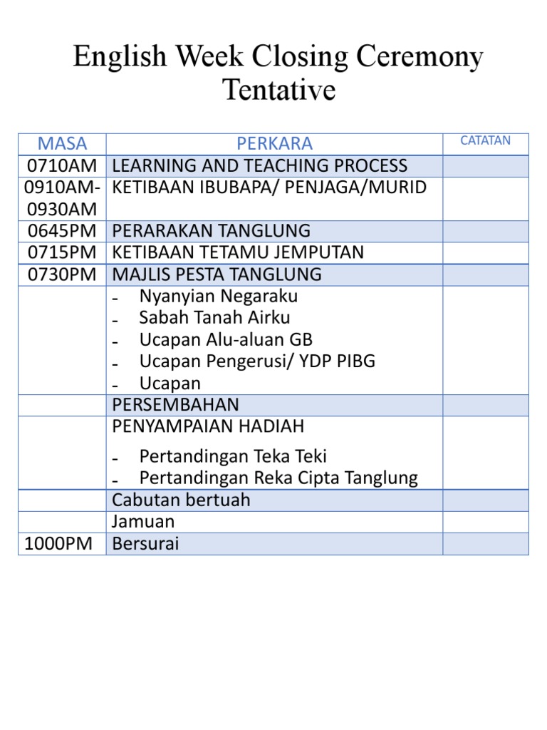English Week Closing Ceremony Tentative | PDF
