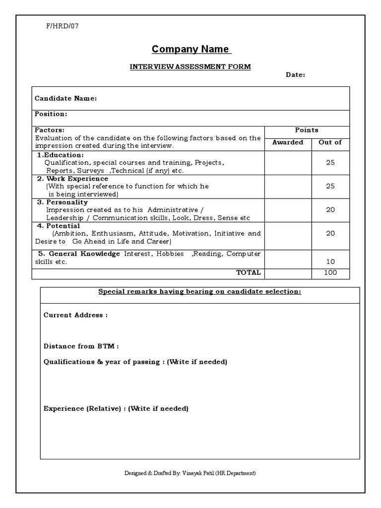 Interview Assesment Form - HRD - 07 | PDF | Cognitive Science | Cognition