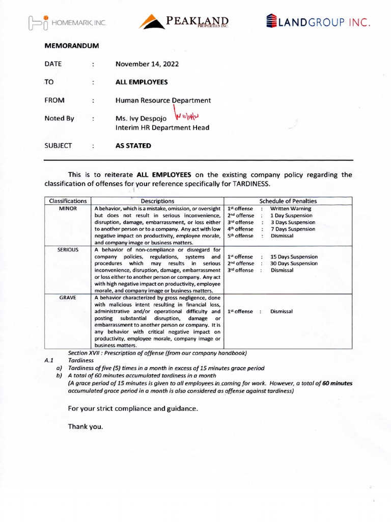 Memo - Classification of Offenses & Tardiness | PDF