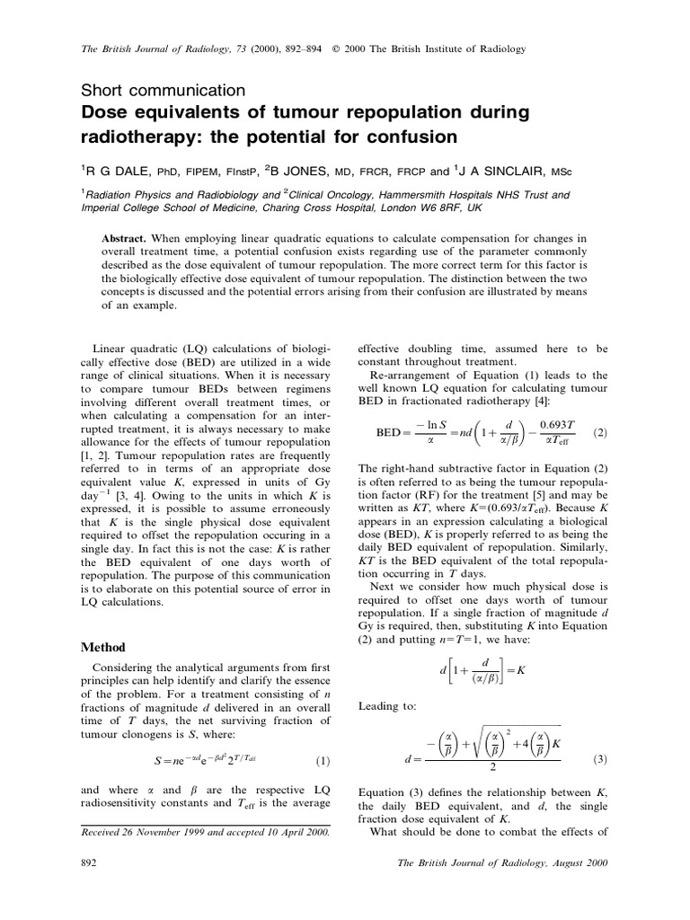 Dose Equivalents of Tumour Repopulation During Radiotherapy.. The ...