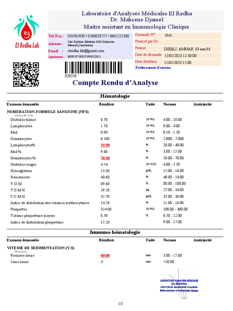 Analyse Médicale de DJEBLI AMMAR | PDF | Diagnostic médical ...