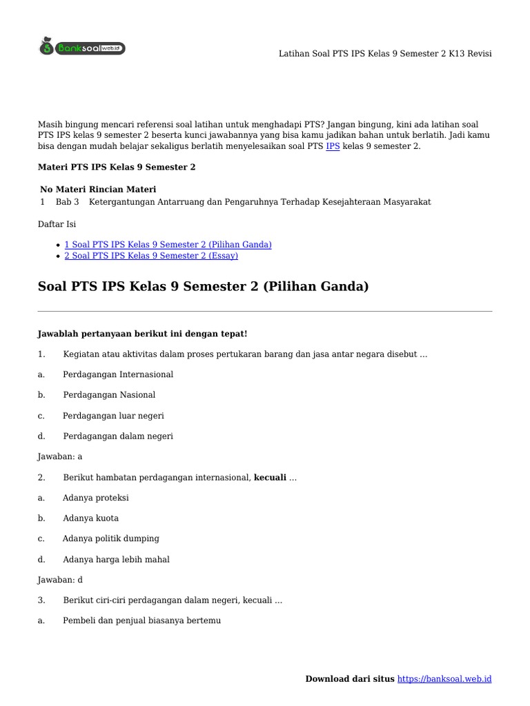 Latihan Soal PTS IPS Kelas 9 Semester 2 K13 Revisi | PDF