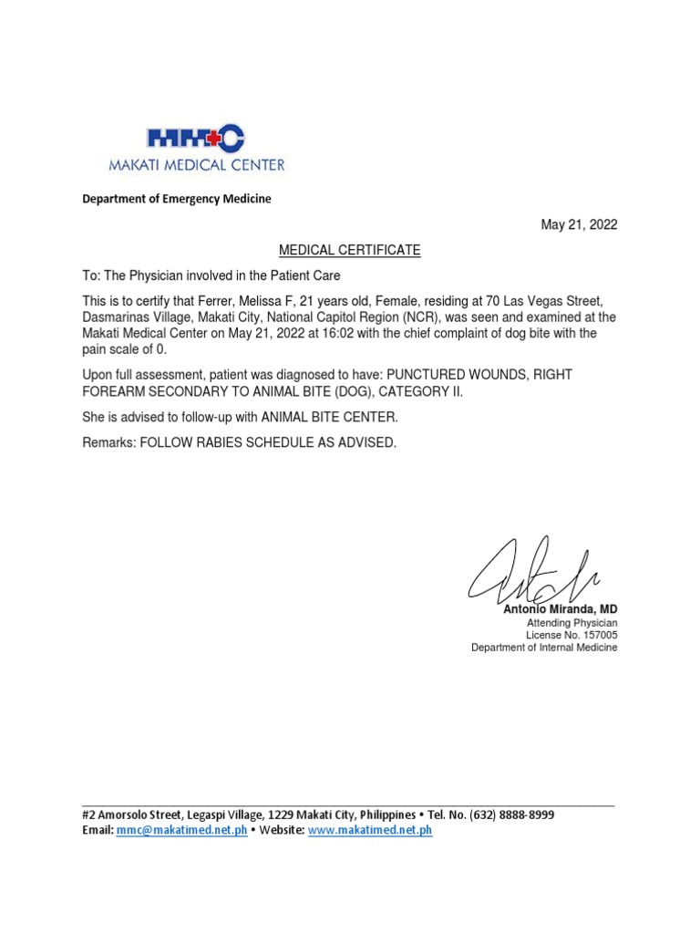 MMC Med Cert 4 Rabies Shots Melissa Ferrer | PDF | Rabies | Medicine