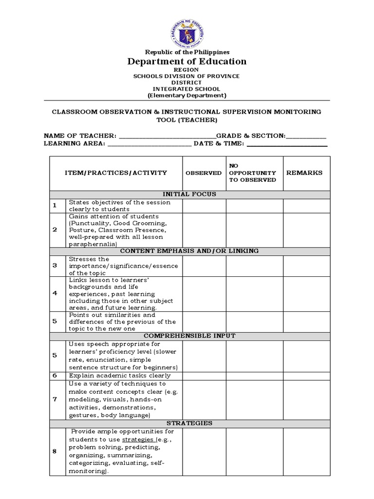 Observation Monitoring Checklist 2022 2023 | Download Free PDF ...