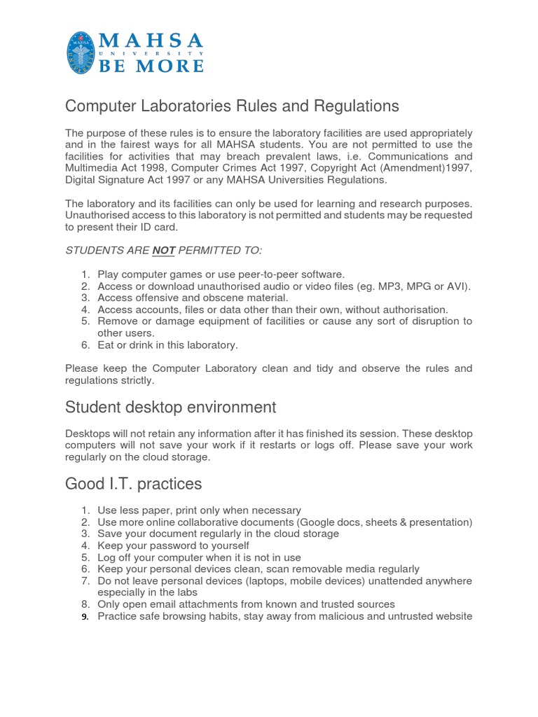 Computer Labs Rules and Regulations | PDF