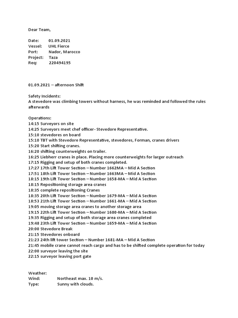 Dear Team | PDF | Crane (Machine) | Stevedore