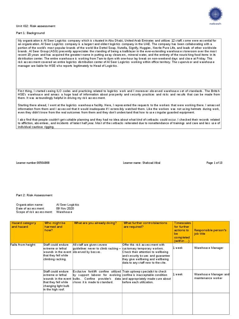 Unit IG2 Risk Assessment Warehouse 1 | PDF | Occupational Safety And ...