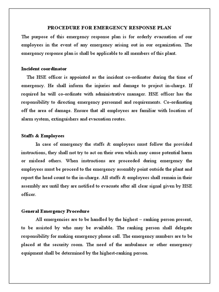 Procedure For Emergency Response Plan | PDF | Emergency | Ambulance