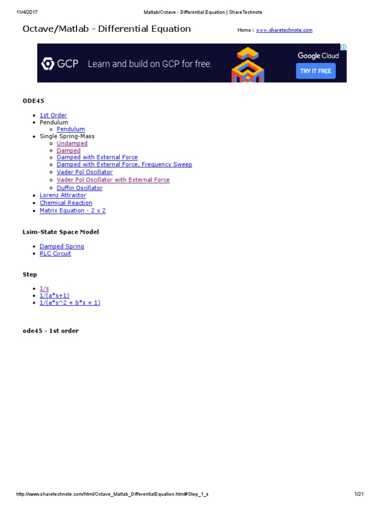 Matlab - Octave - Differential Equation - ShareTechnote | PDF | Damping | Mechanics