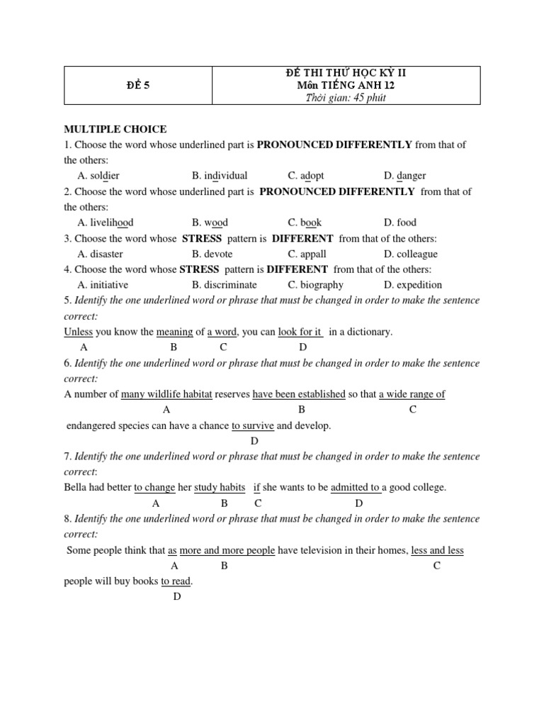 Vietnamese Exam Practice Test for English 12: Multiple Choice Questions ...