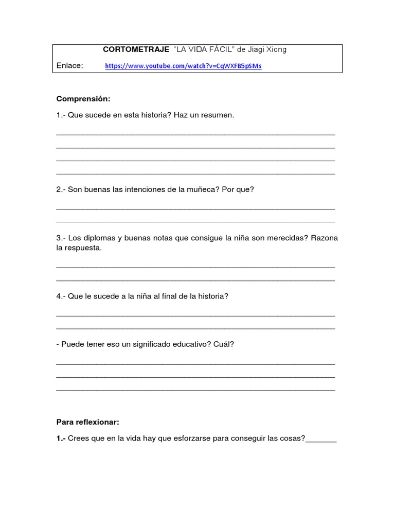 CORTOMETRAJE La Vida Fácil - Actividades | PDF