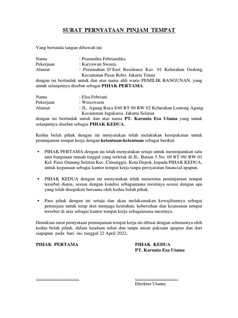 Surat Pernyataan Pinjam Tempat | PDF