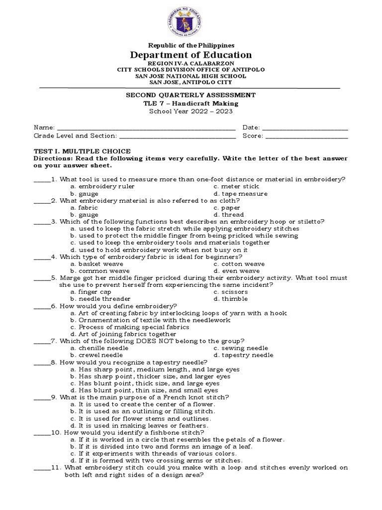 TLE 7 Handicraft Making Second Quarterly Assessment | PDF | Textiles | Recycling