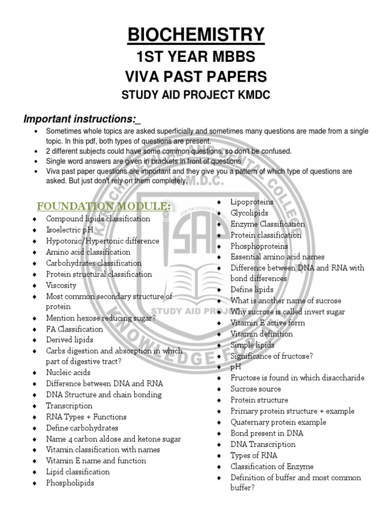 Biochem Viva Pool (1st Year MBBS) | PDF | Glycolysis | Cellular Respiration