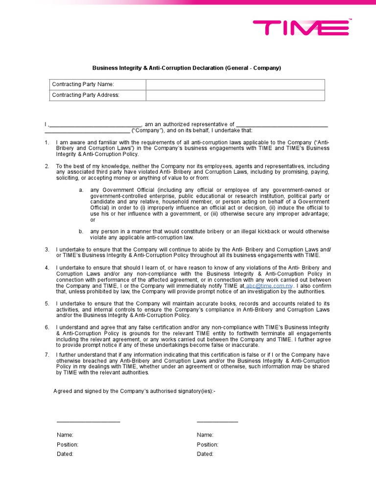 Anti-Corruption Compliance Declaration | PDF | Bribery | Corruption