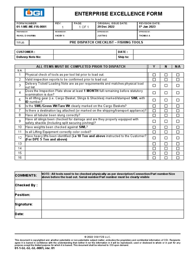 Pre Dispatch Checklist Fishing Tools | PDF