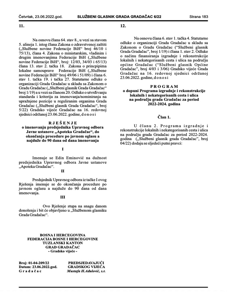 Program o Dopuni Programa Izgradnje I Rekonstrukcije Lokalnih I Nekategorisanih Cesta I Ulica Na ...