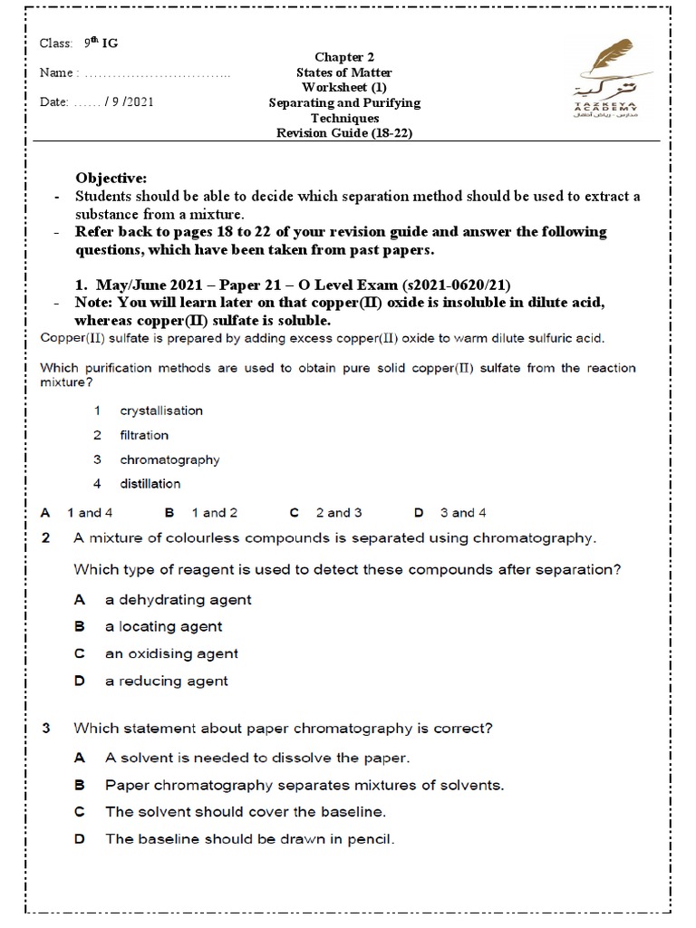Separation Techniques Worksheet: Answering Questions on Purifying ...