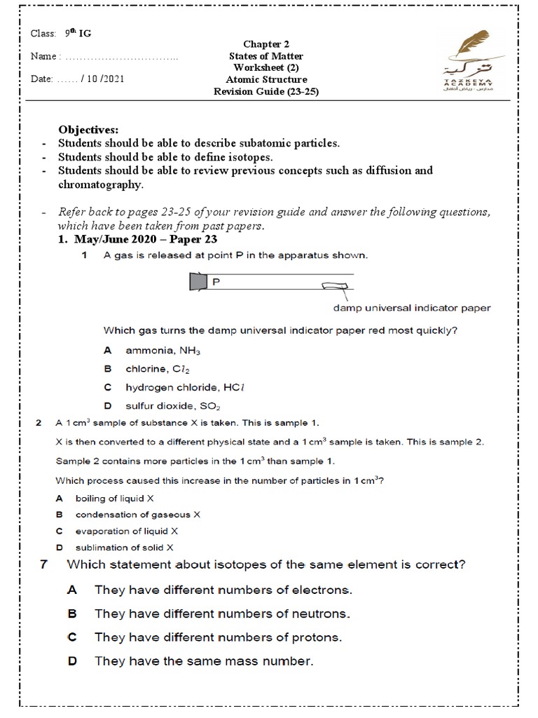 Grade 9 IG - Worksheet 2 - Chapter 2 - Atomic Structure 1 | PDF
