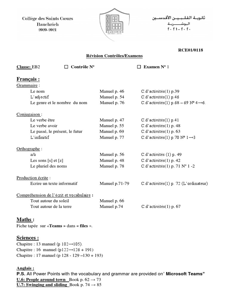 Révisions EB2 : Français, Maths, Sciences | PDF | Langues | Études des ...