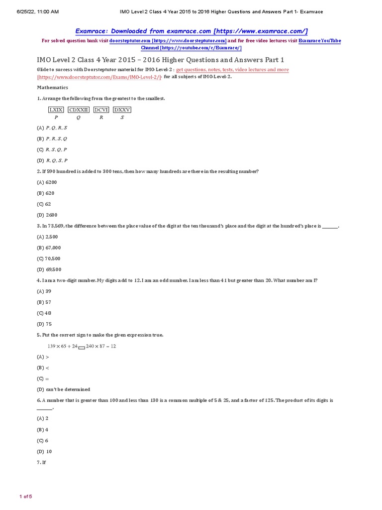 IMO Level 2 Class 4 Year 2015 2016 Part 1 | PDF | Numbers | Mathematics