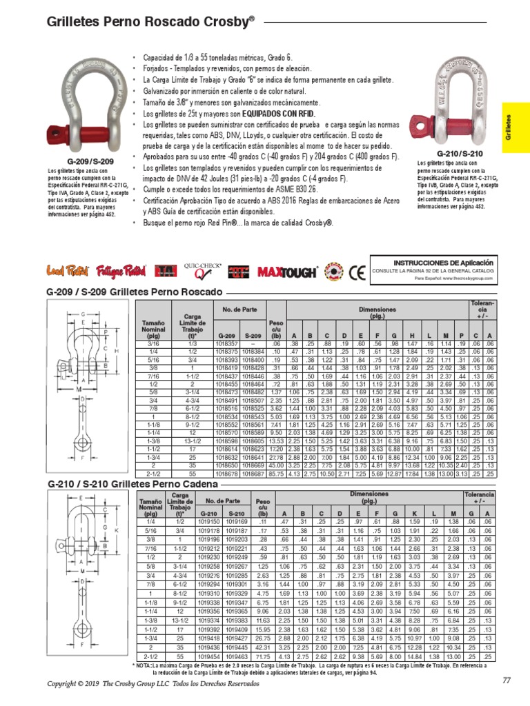 GRILLETE CROSBY G-209 y G-210G | PDF | Tornillo | Procesos industriales