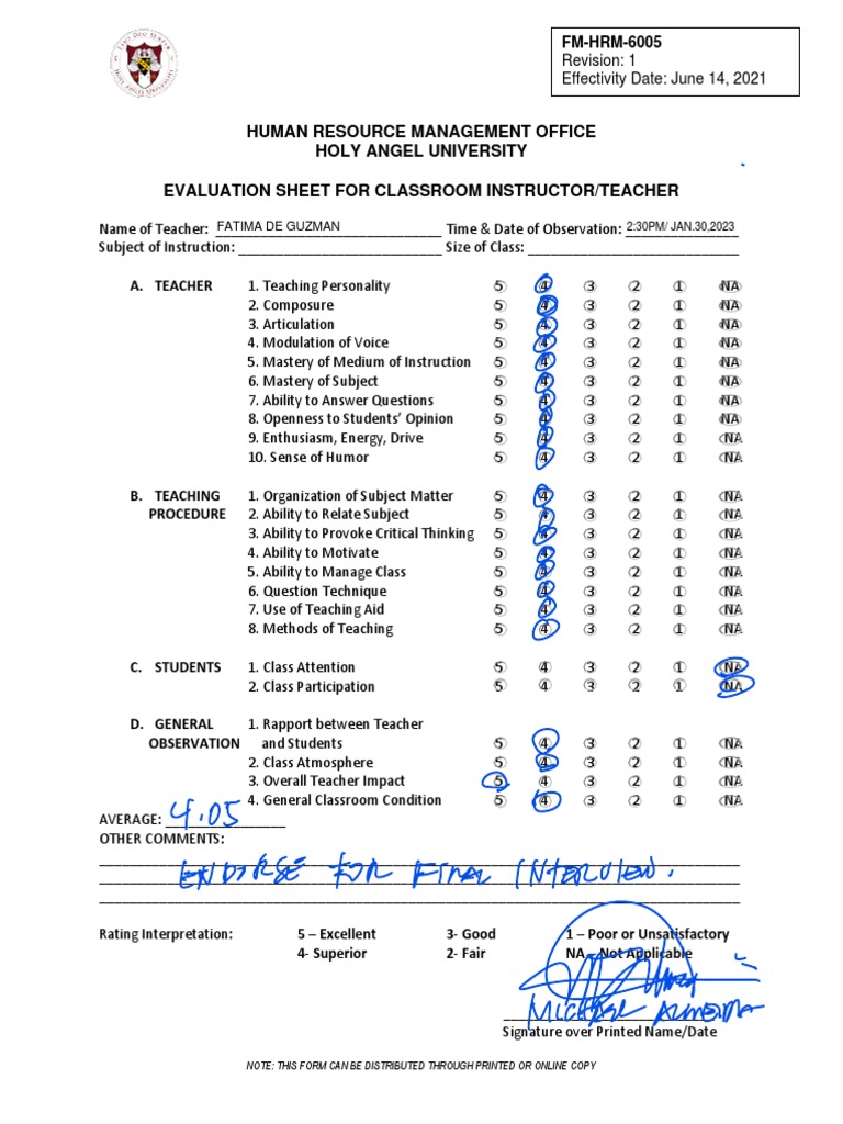 FM HRM 6005 Rev 01 EVALUATION SHEET FOR CLASSROOM INSTRUCTOR ED June 14 ...