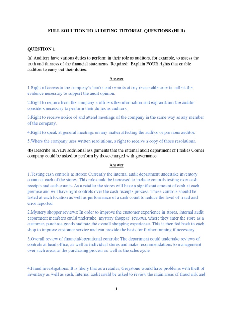FULL SOLUTION TO AUDITING TUTORIAL QUESTIONSs | PDF | Audit | Financial Audit