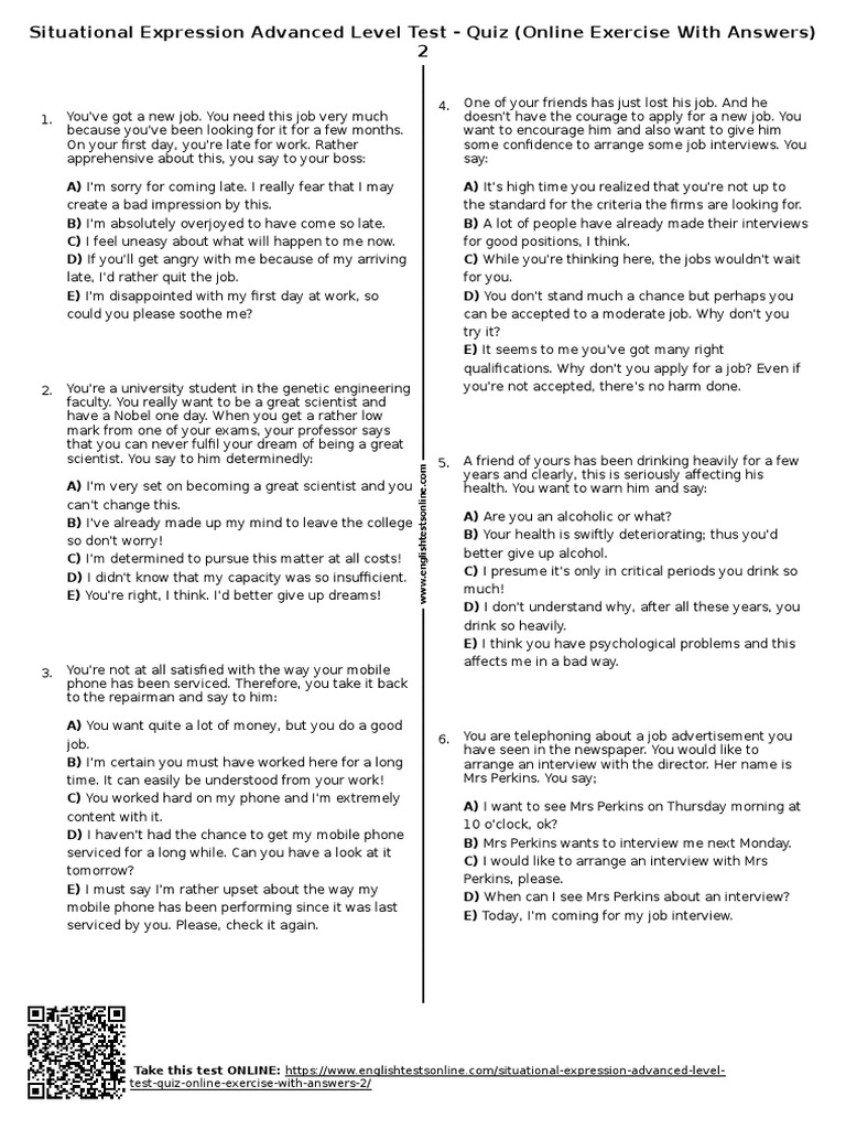 378 - Situational Expression Advanced Level Test Quiz Online Exercise ...