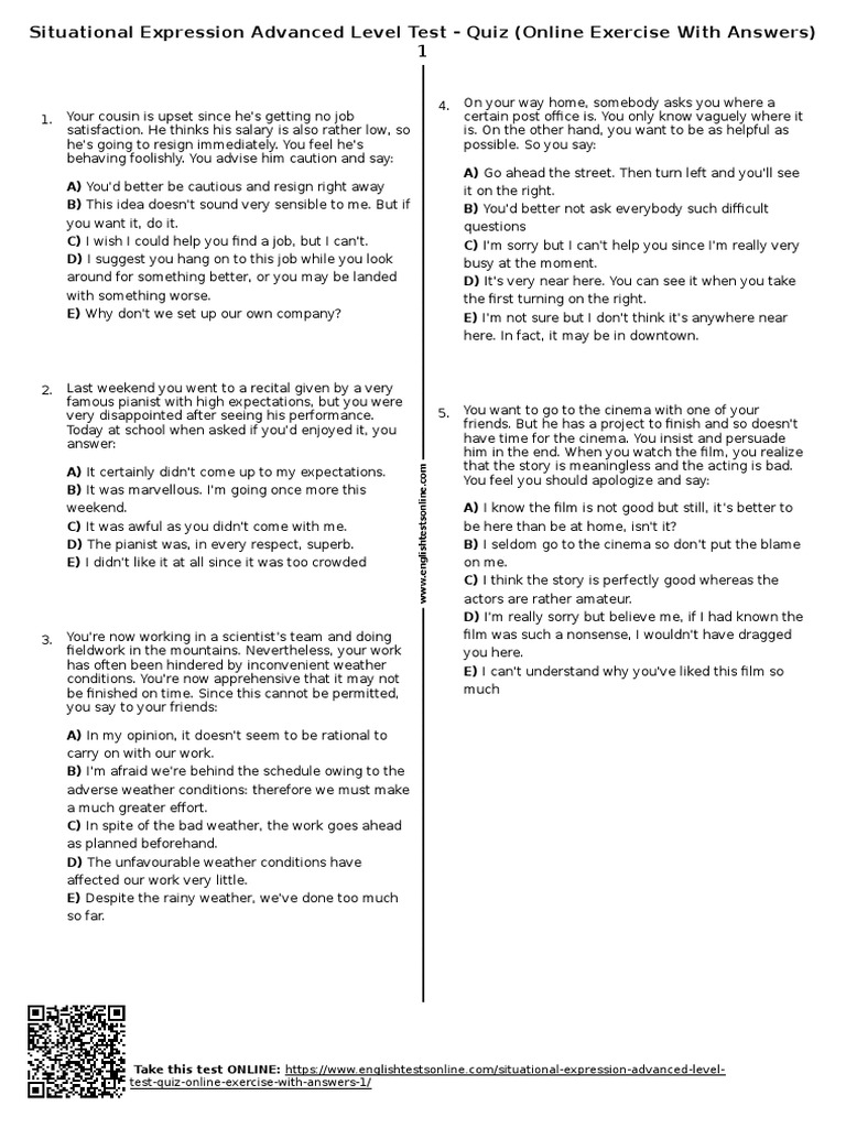 Advanced Situational Expressions Quiz | PDF | Test (Assessment) | Teachers