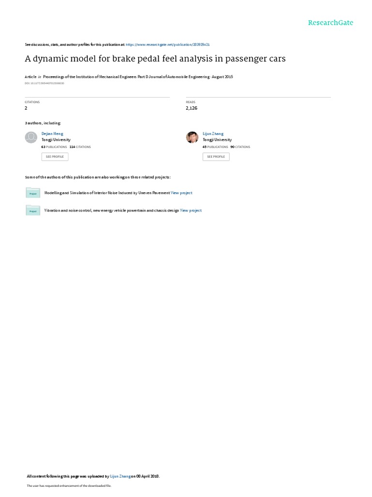 A Dynamic Model For Brake Pedal Feel Analysis in Passenger Cars | PDF ...