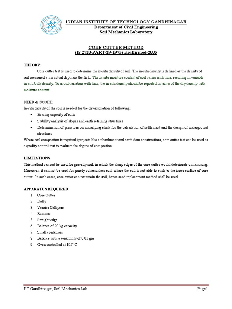 Core Cutter Test | PDF | Density | Soil Mechanics