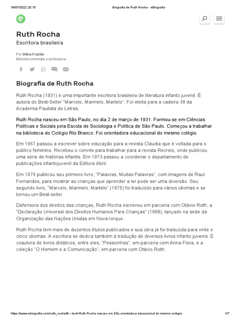Biografia de Ruth Rocha - Ebiografia | PDF