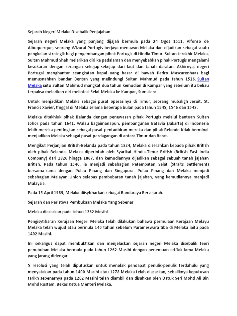 Sejarah Penjajahan Melaka 1511-1824 | PDF