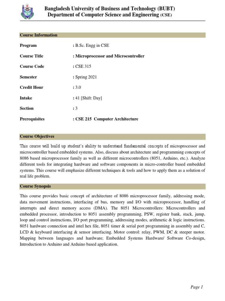 CSE 315 - COurseOutline | PDF | Microcontroller | Embedded System