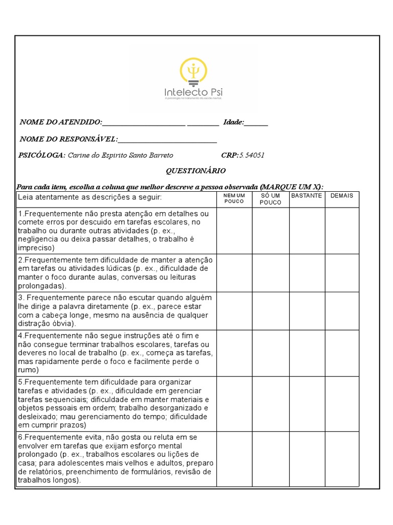 Questionário TDAH | PDF | Adolescência