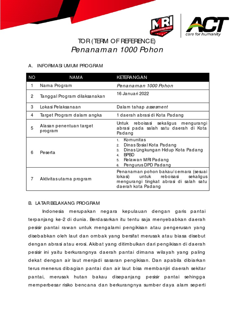 Draft Tor Agenda 1000 Pohon | PDF