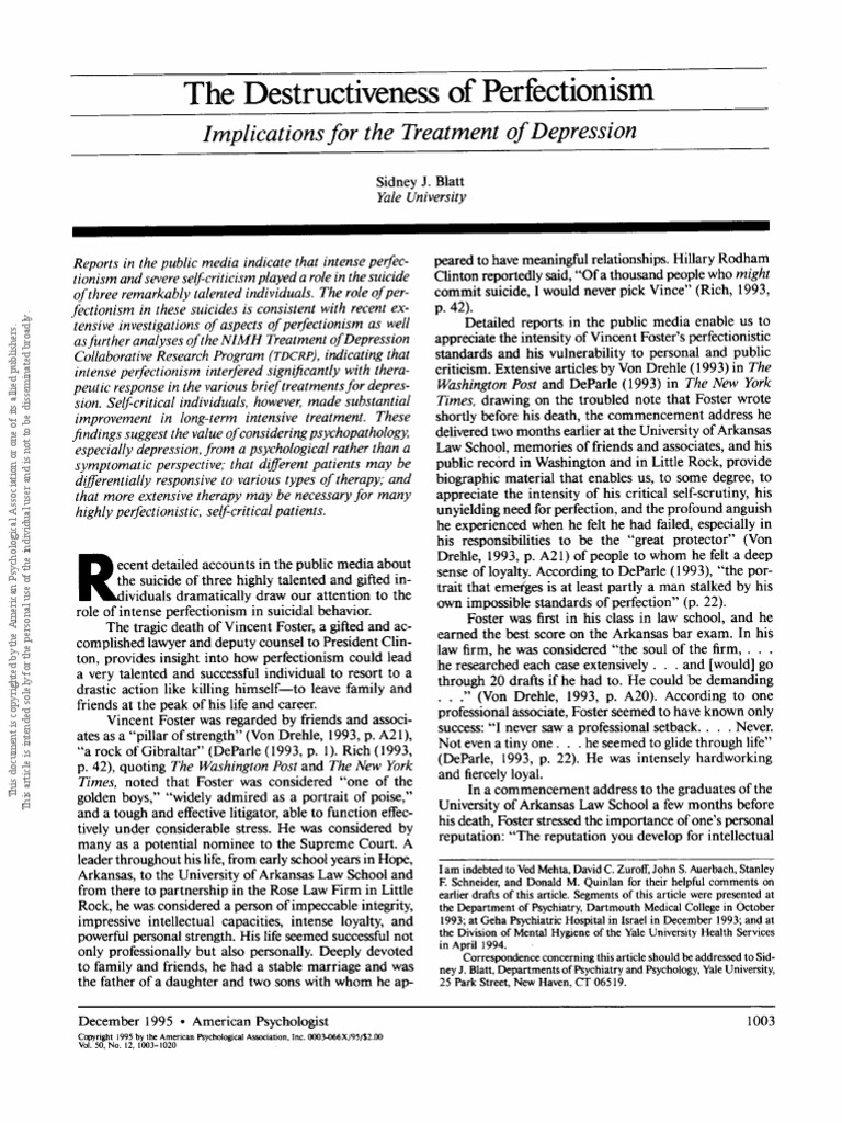 Blatt 1995 | PDF | Perfectionism (Psychology) | Psychology