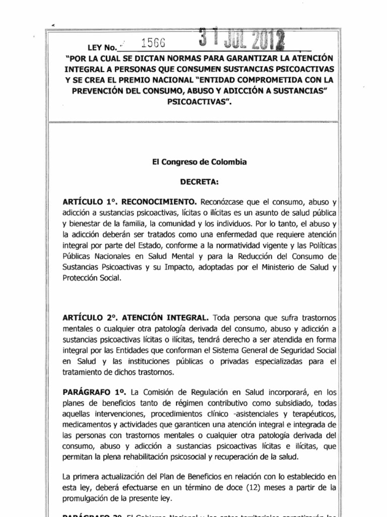 Ley 1566 de 2012 Atención de Personas Que Consumen SPA | Descargar ...