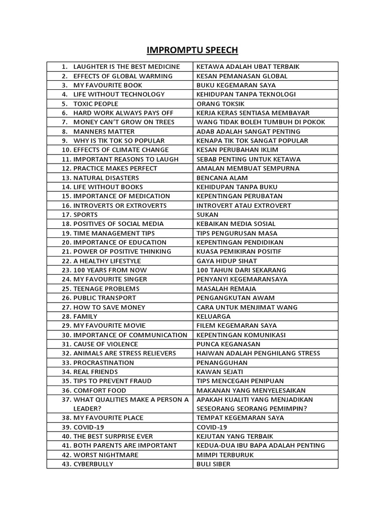 Impromptu Speech Topics | PDF