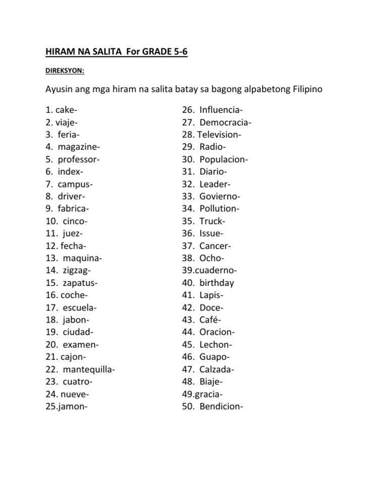 20 Halimbawa ng Hiram na Salita | PDF | Social Science | Travel