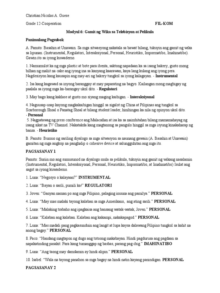 Guese Christian Nicolas A Fil-Komunikasyon 12 Cooperation Module 6 | PDF