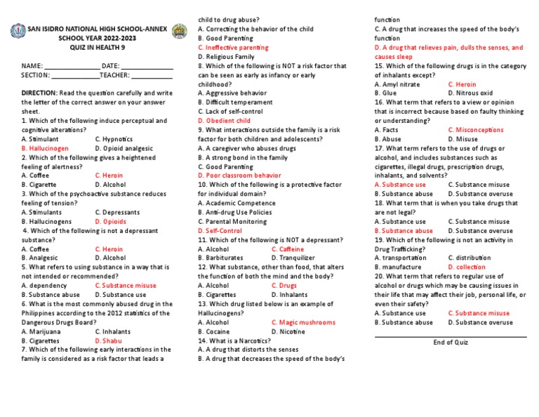 Health 9-Quiz-2nd-Quarter | PDF | Substance Abuse | Recreational Drug Use