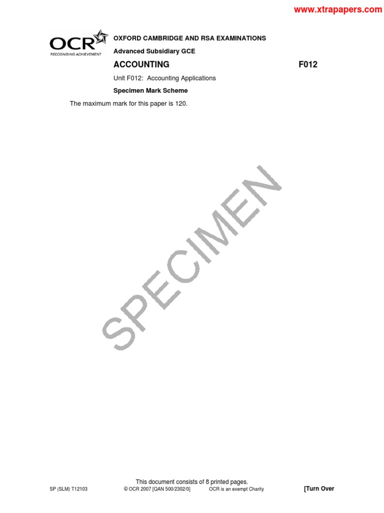 Unit f012 Accounting Applications Mark Scheme Specimen | PDF | Goodwill ...