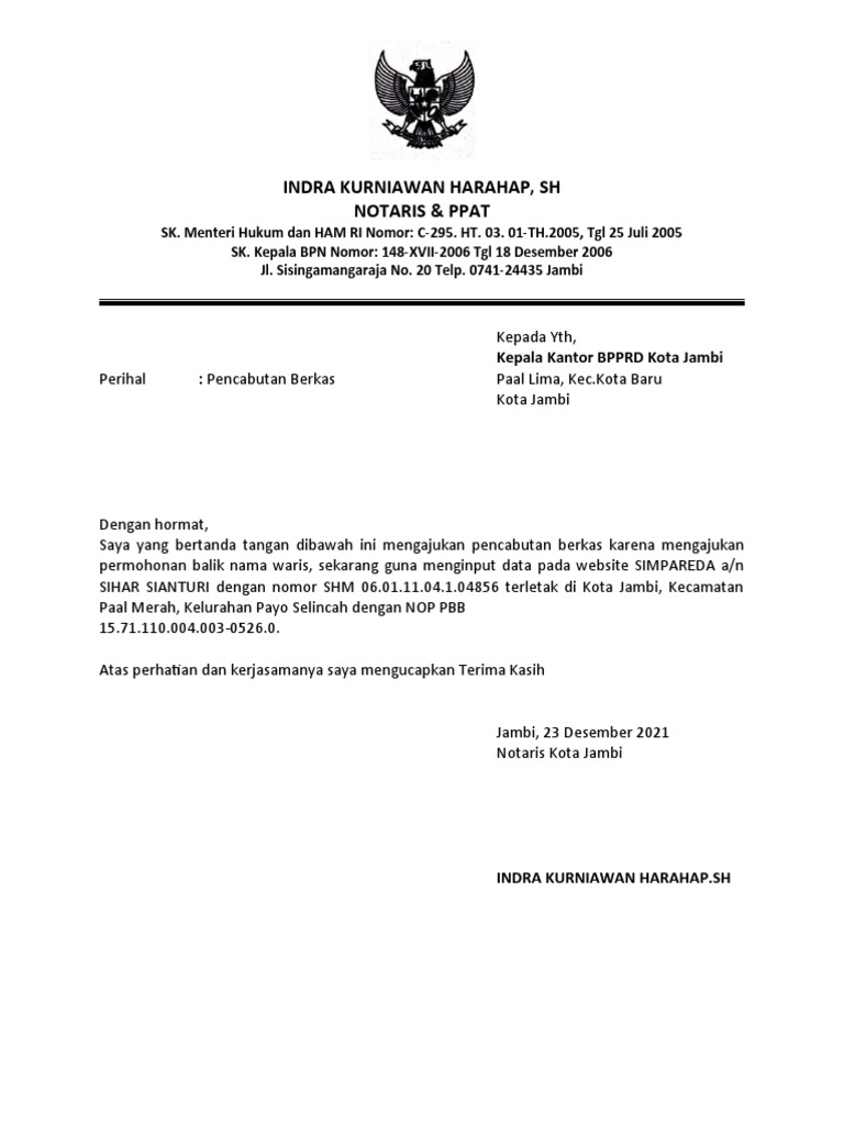 Surat Pencabutan Berkas BPN | PDF