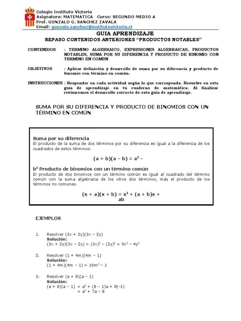 04 Guia Productos Notables Suma Por Su Diferencia y Producto de Binomio Con Termino en Comun ...